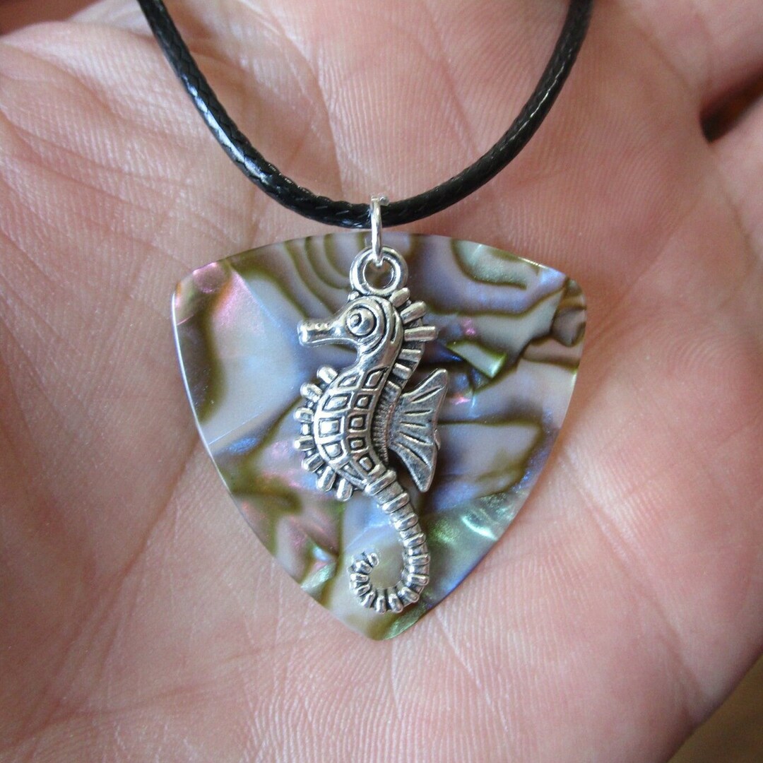 SEAHORSE 19 NECKLACE Abalone Triangular Guitar Pick W Metal Sea Horse ...