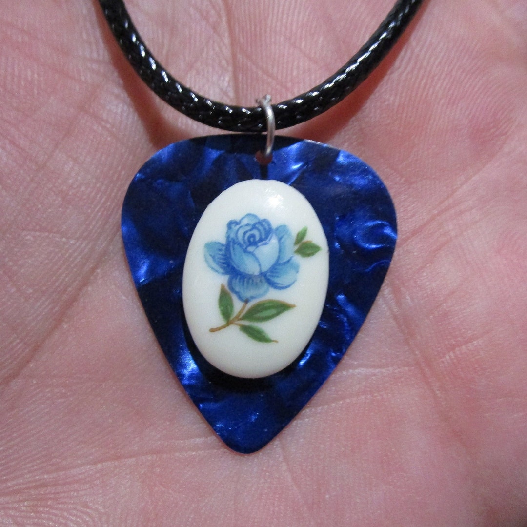 Porcelain Tile 19 NECKLACE Blue Flower choose Your Guitar Pick Vintage ...