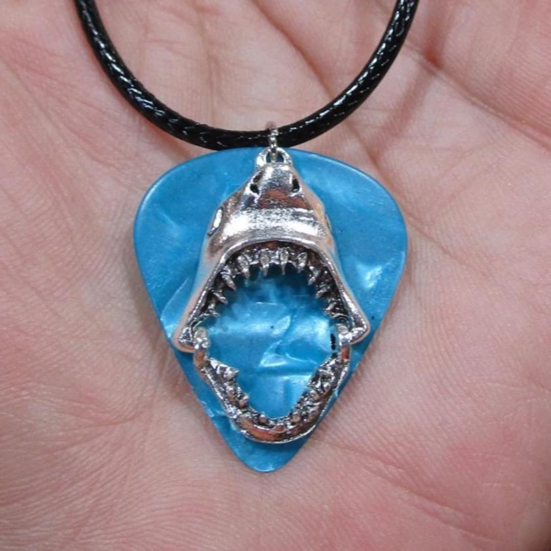 Shark 19" Necklace: Jaws Wide Open on Blue Pearl Guitar Pick, Hippie ...