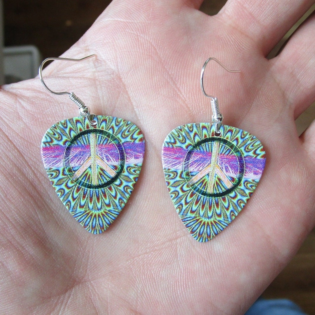 Psychedelic Peace Sign Guitar Pick Earrings: Handmade Hippie Jewelry - Etsy