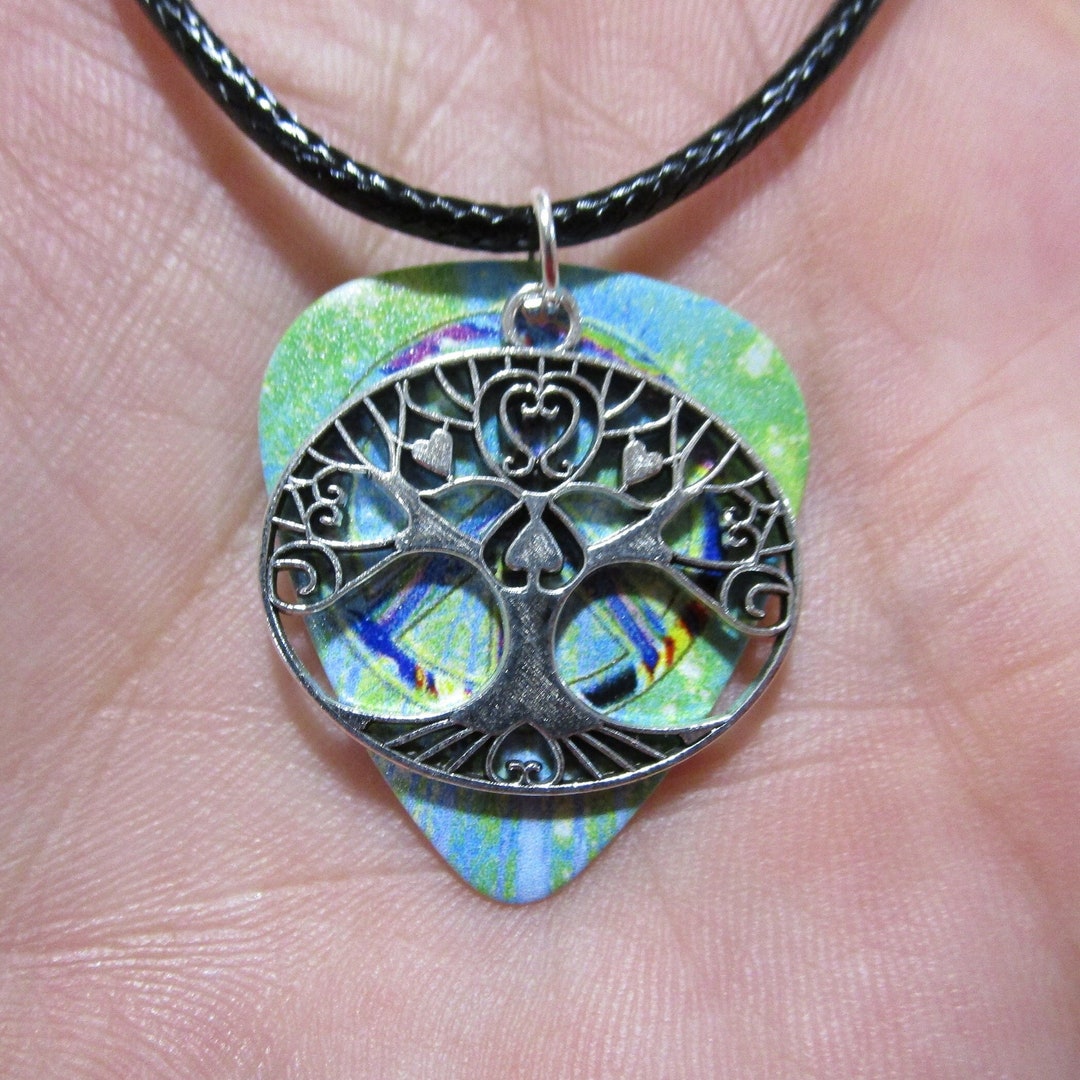 TREE of LIFE Peace Sign 19 NECKLACE, Psychedelic Green Guitar Pick ...