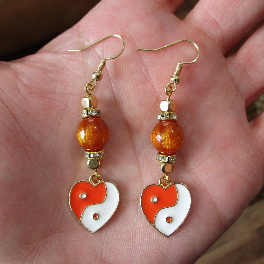 YIN YANG EARRINGS - Fabulous Real Amber & Small Orange Enamel Heart ...