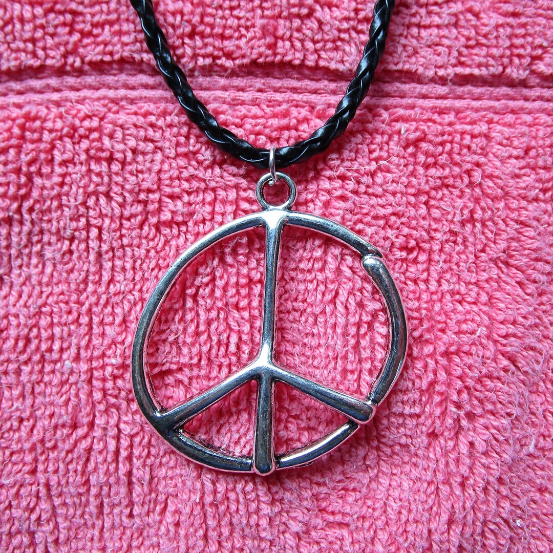 Peace Sign 19" Necklace: Large Faux Bent Wire Charm, Black Braided Cord ...