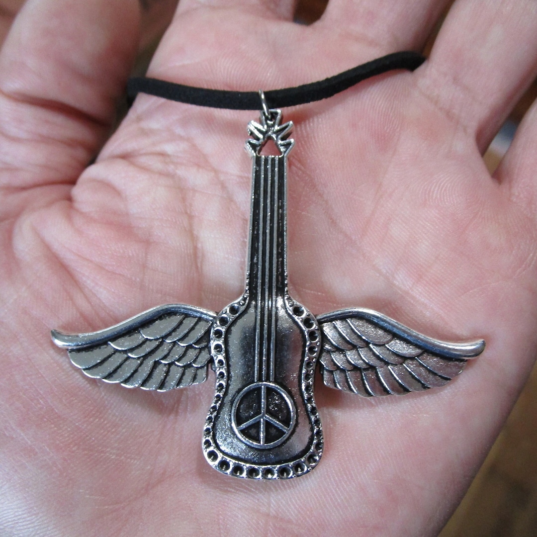 FLYING GUITAR 19" NECKLACE, 2"h X 2.5"w Peace Sign Guitar - Unique ...