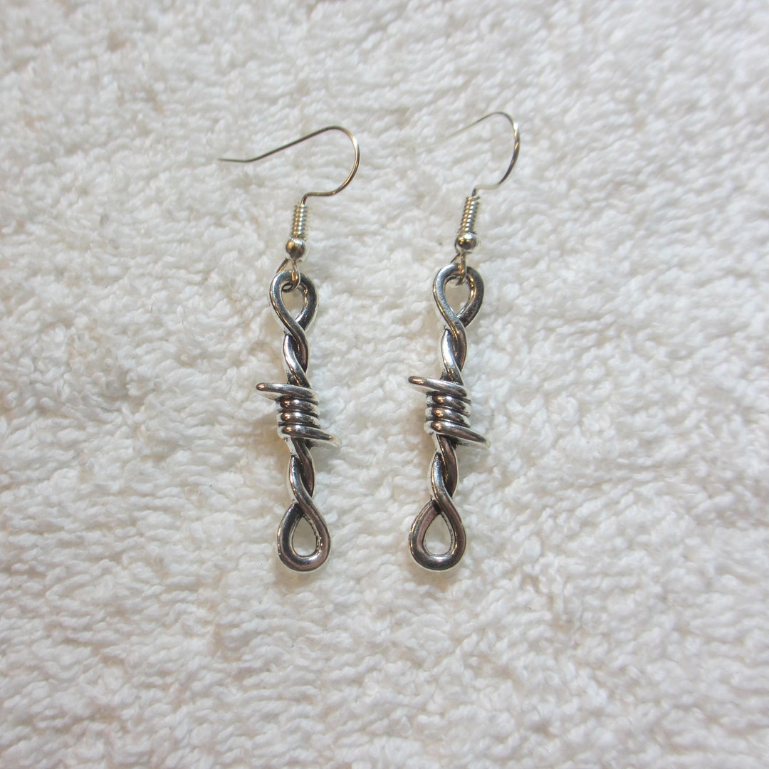 BARB WIRE Minimalist EARRINGS - Biker & Hippie 1.5" Silver Tone Charm ...