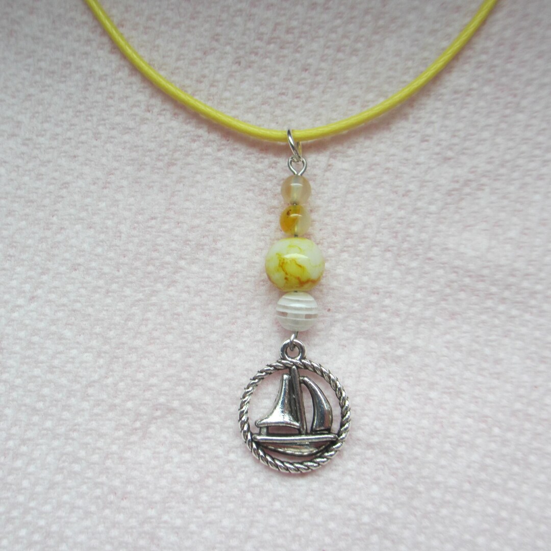 SAILBOAT Charm Beaded 19" NECKLACE, Yellow Cord, Acrylic Swirl & Glass ...