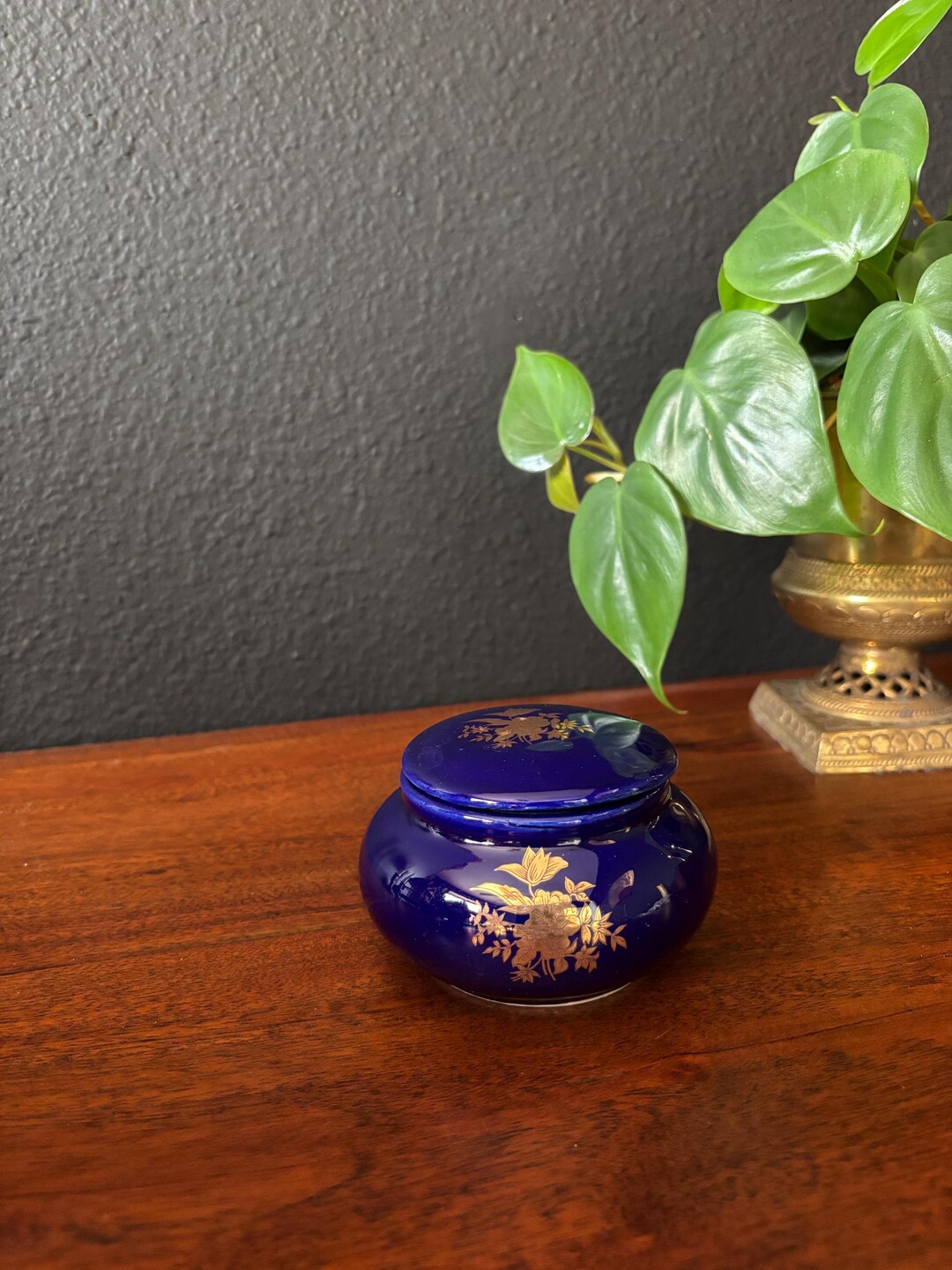 Vintage Blue & Gold Ceramic Ring Dish With Lid, Lidded Gold Foiled ...
