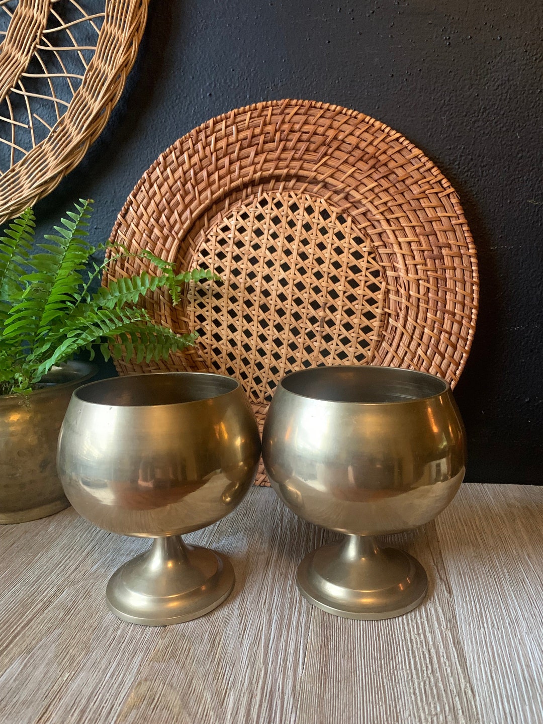 Vintage Pair Brass Goblets Solid Brass Wine Glasses Footed Brass