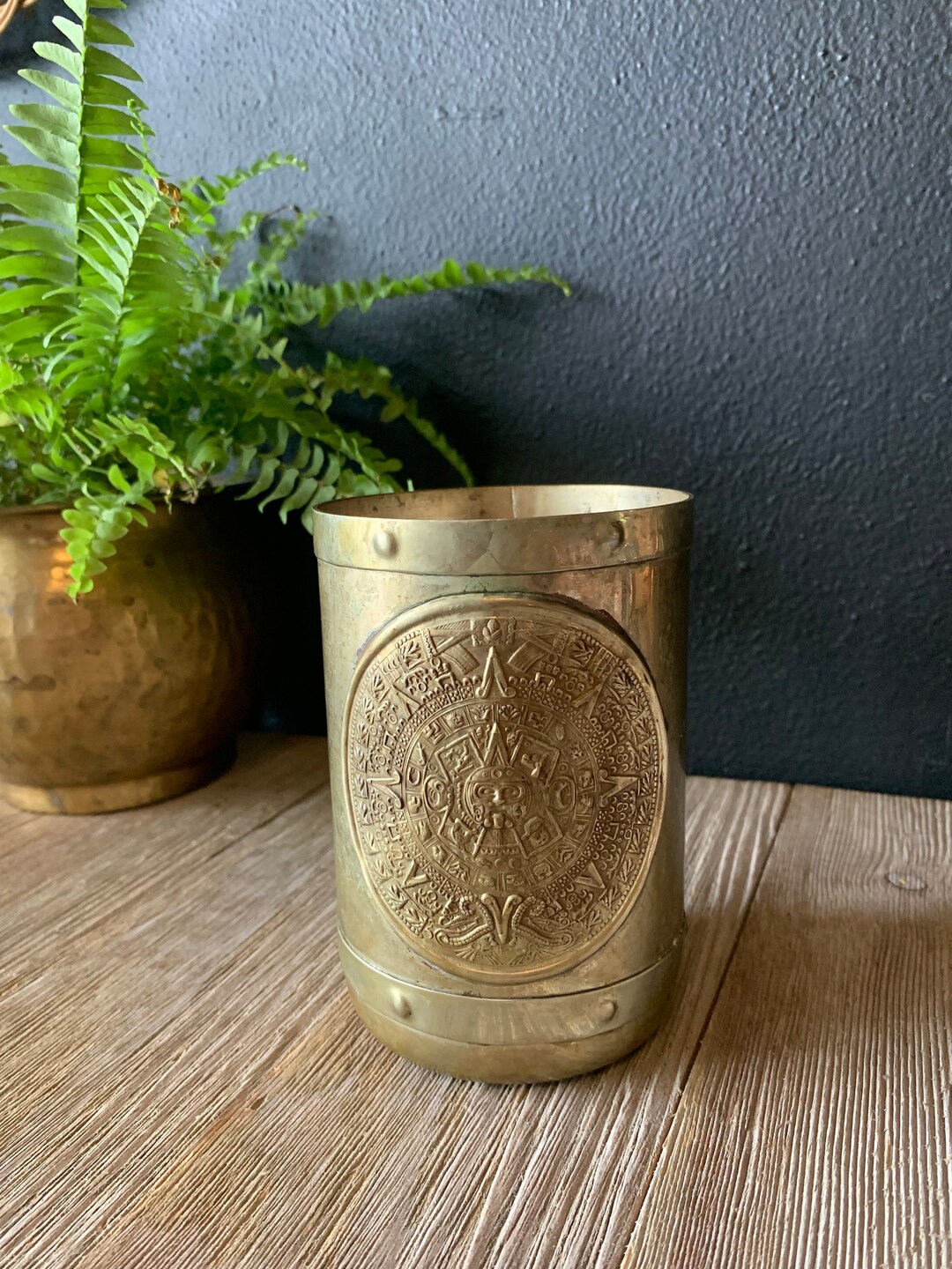 Vintage Brass Coffee Mug With Aztec Calendar | Gold Brass Cup With ...
