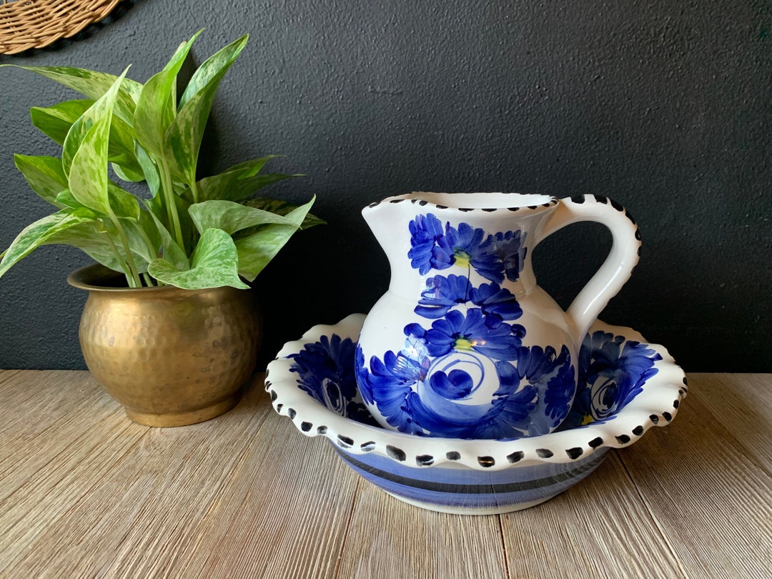 Vintage Spanish Style Ceramic Pitcher and Bowl Set | Hand Painted Wash ...