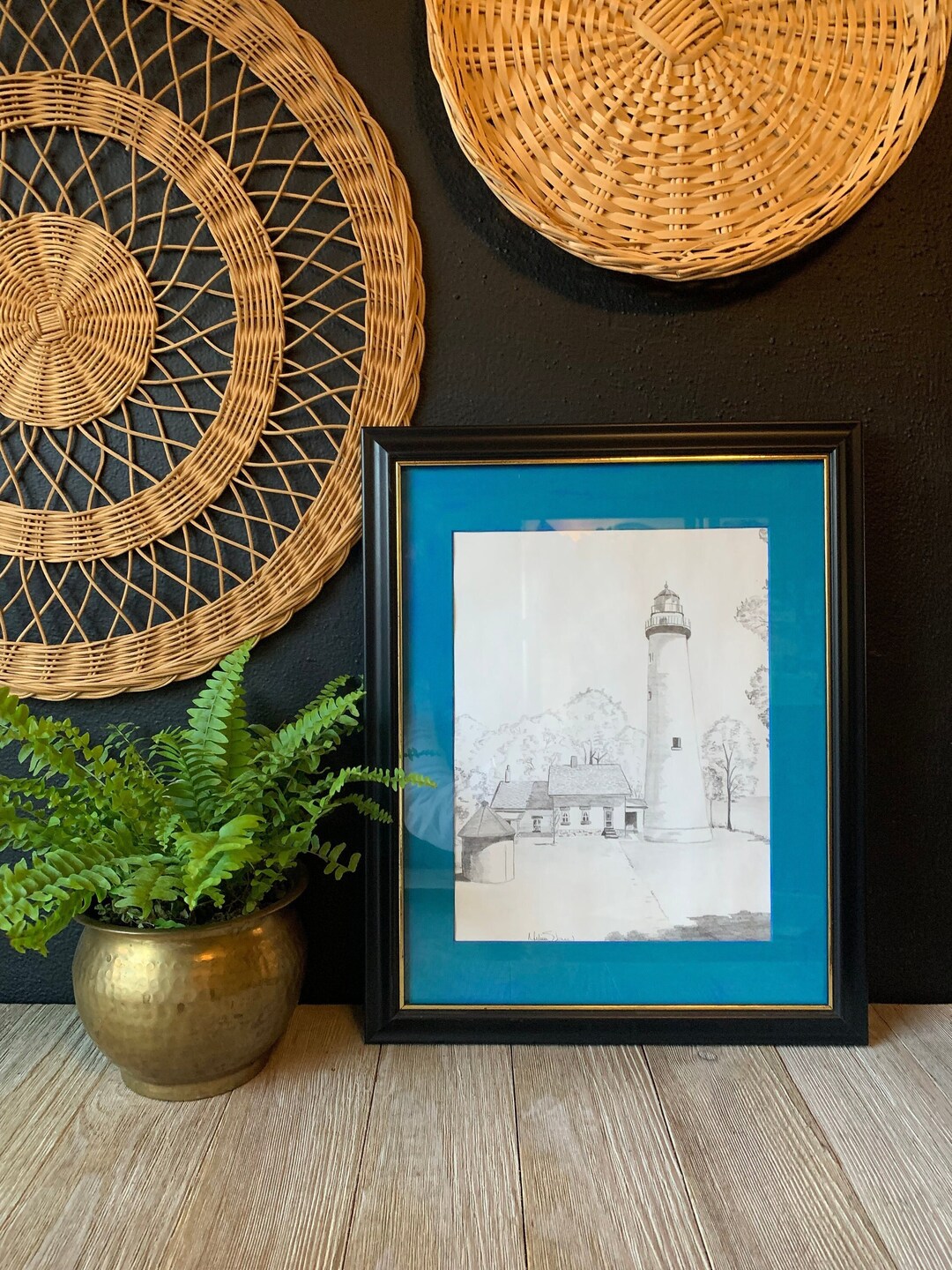 Vintage Framed Lighthouse Sketch | Original Signed Drawing Artwork ...