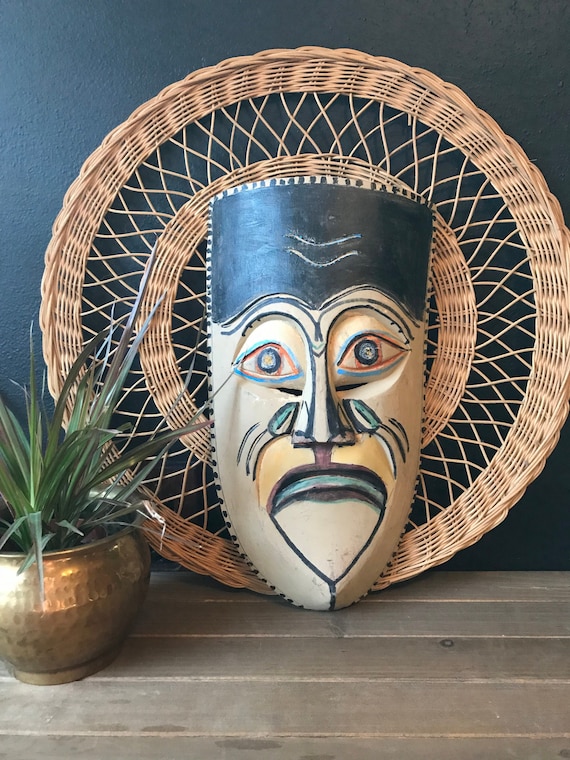 Vintage Hand Painted Carved Wooden Tribal Mask Wall Hanging | Etsy