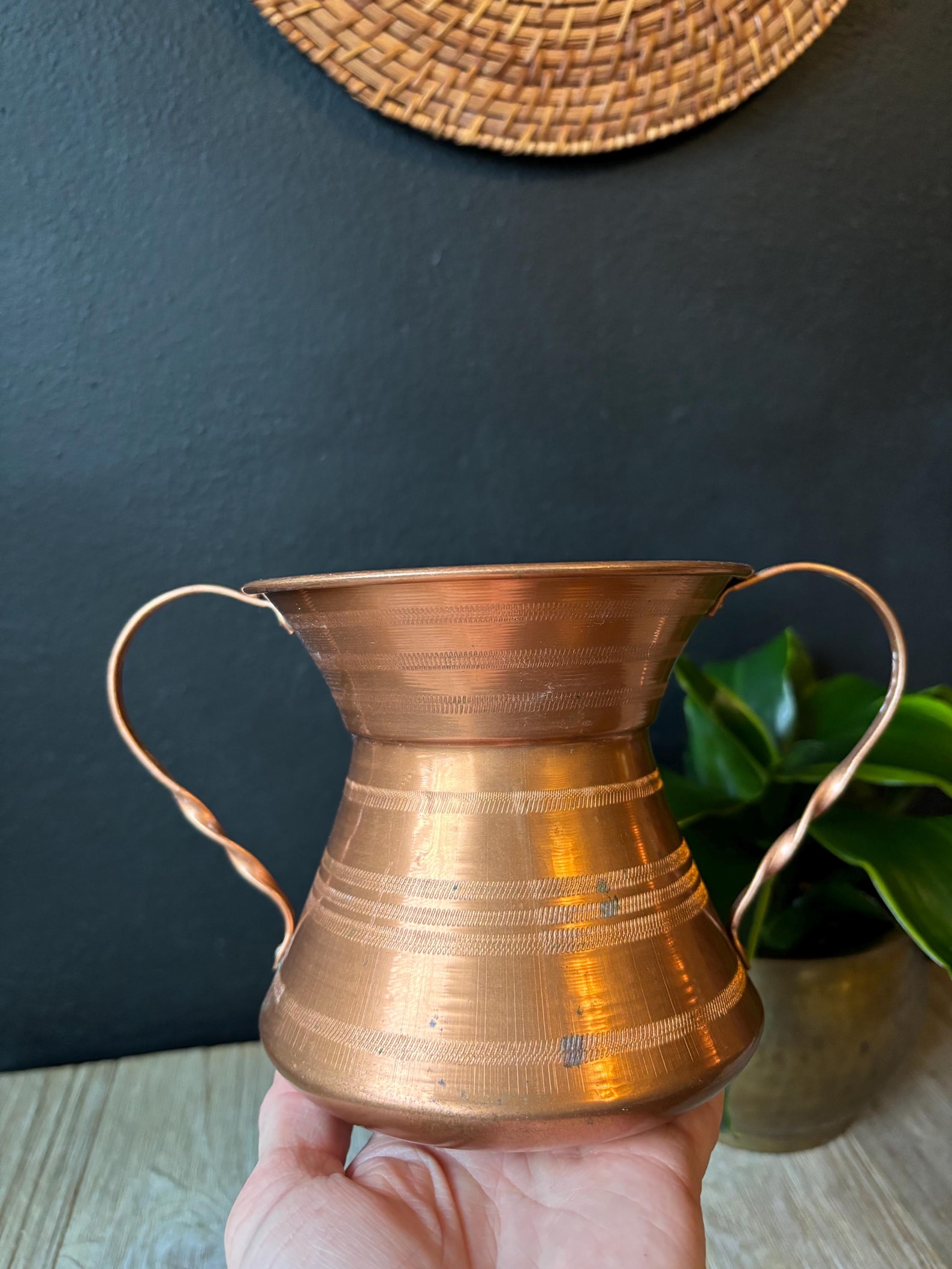 Vintage Copper Water Jug, Spittoon, Vase With Handles, Etched Copper ...