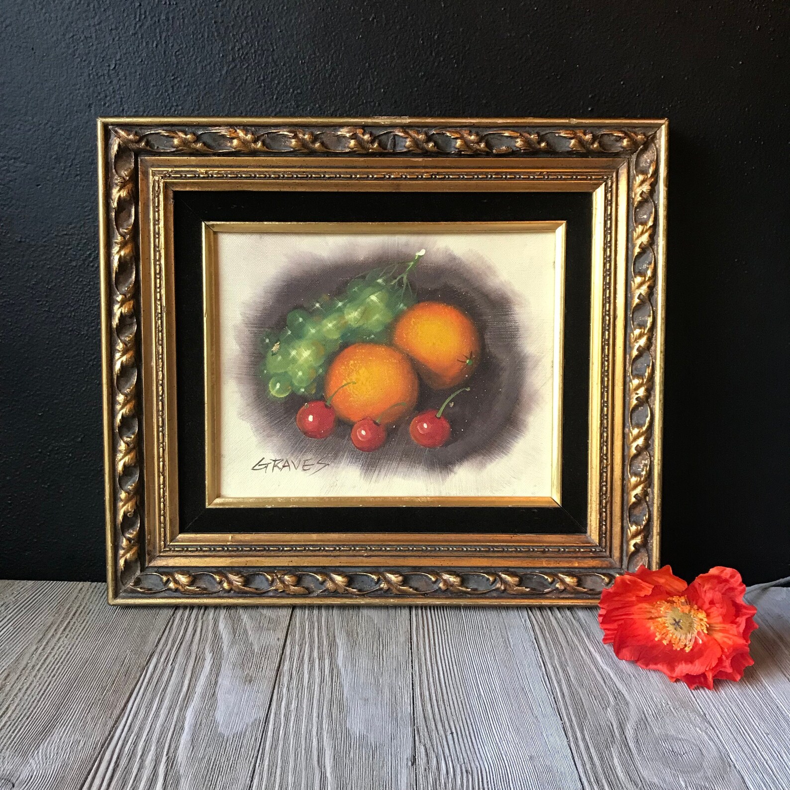 Vintage Framed Painting of Fruit Signed Art Ornate Gold Wood Frame ...