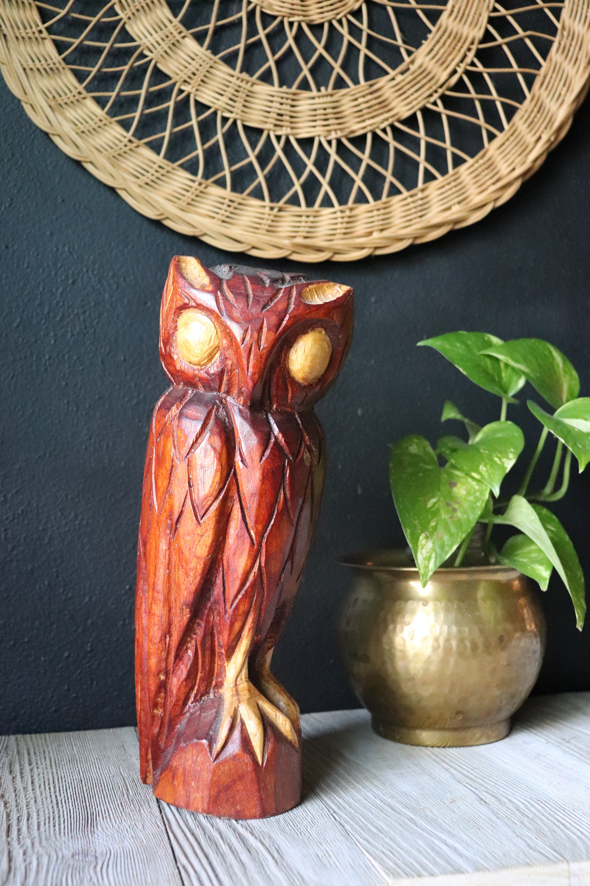 Vintage Hand Carved Solid Wood Owl Statue Owl Decor Wood Bird Folk Art ...