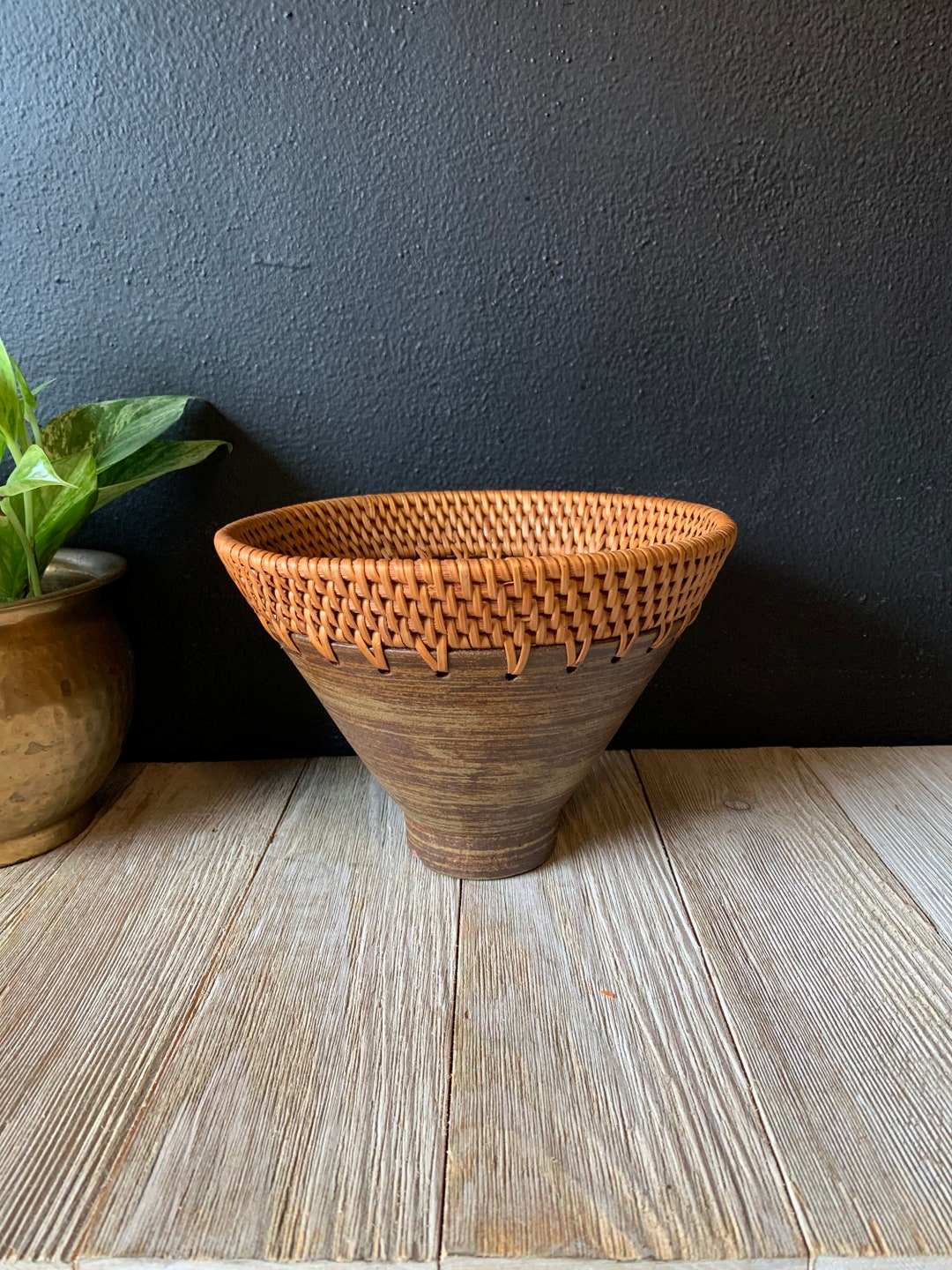 Vintage Ceramic Bowl With Wicker Trim | Tapered Brown Bowl | Wicker ...