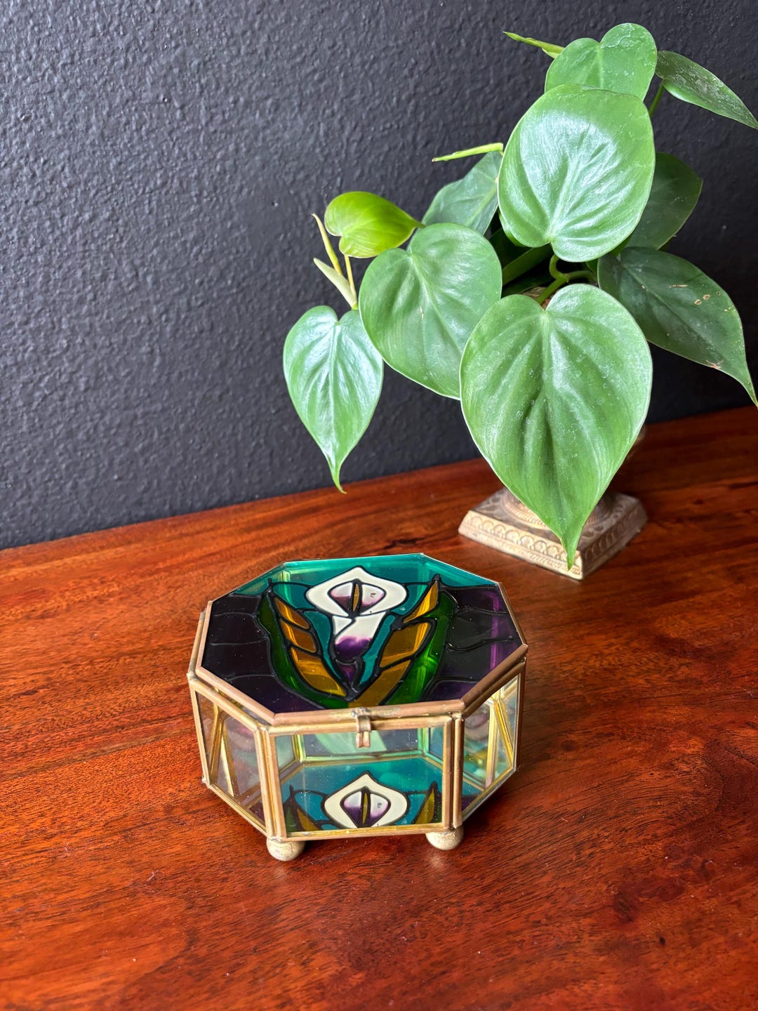 Vintage Brass Jewelry Box With Stained Glass Lid and Mirrored Bottom ...