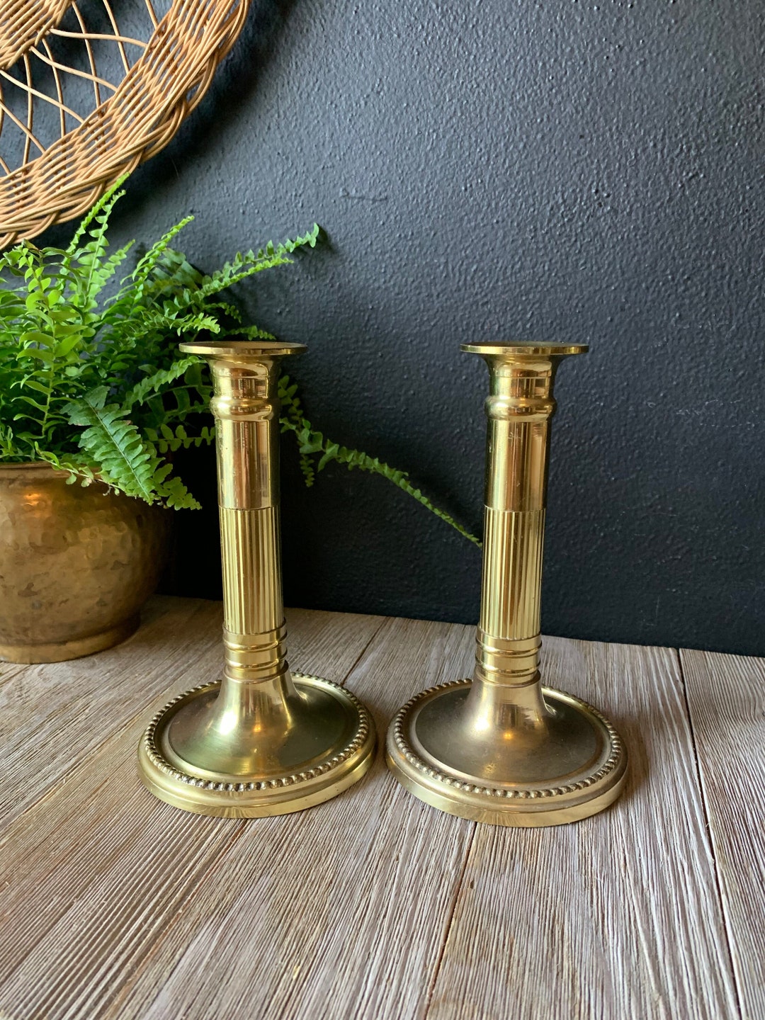 Vintage Ribbed Brass Candlestick Holders, Set of Two, Gold Candle ...