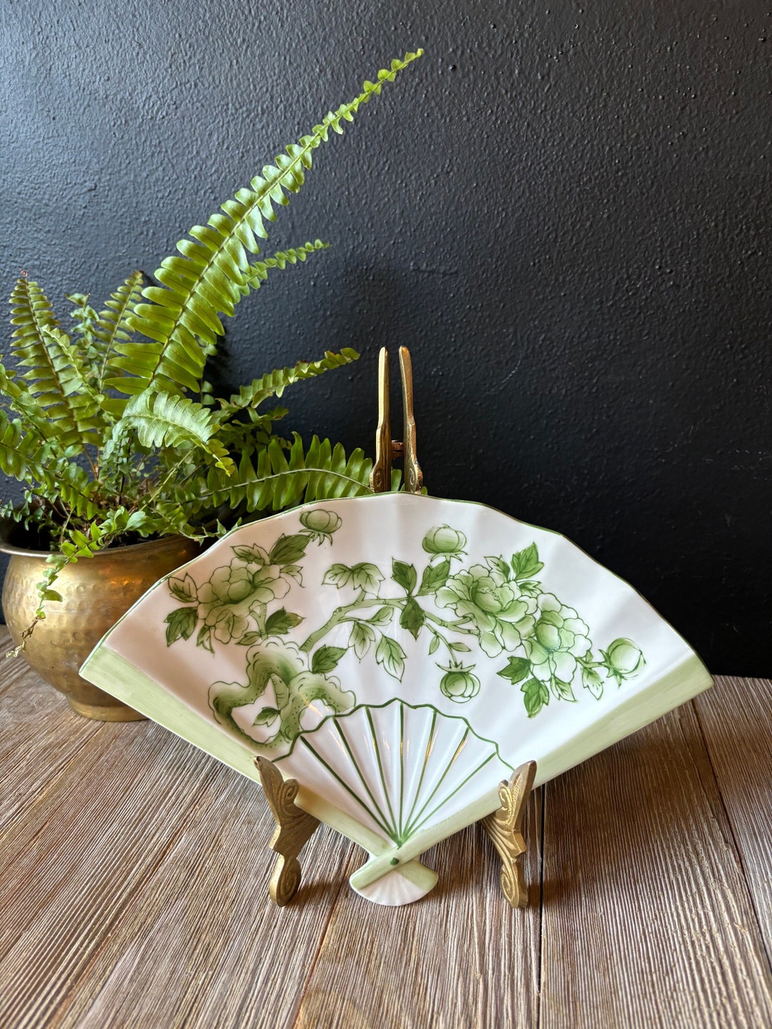 Vintage Asian Green and White Ceramic Fan Dish, Trinket Dish, Jewelry ...