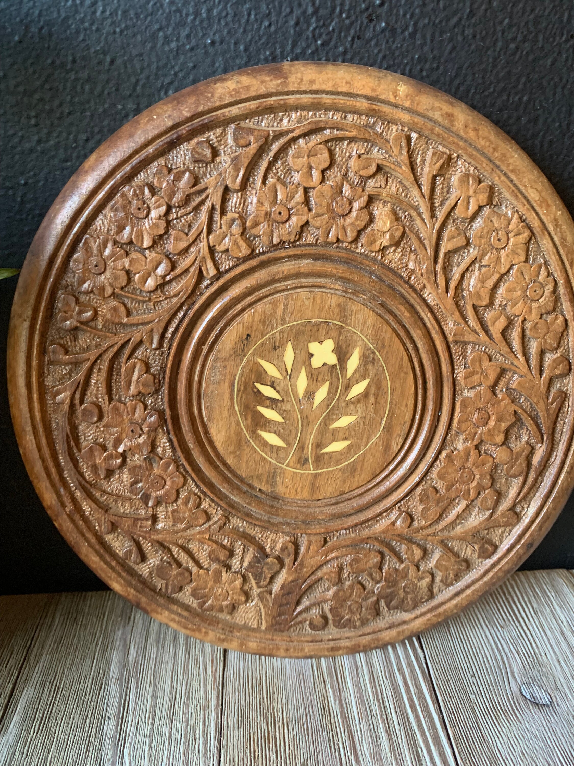 Vintage Hand Carved Wood Trivet Round Wood Carved Folk Art Wall Art ...