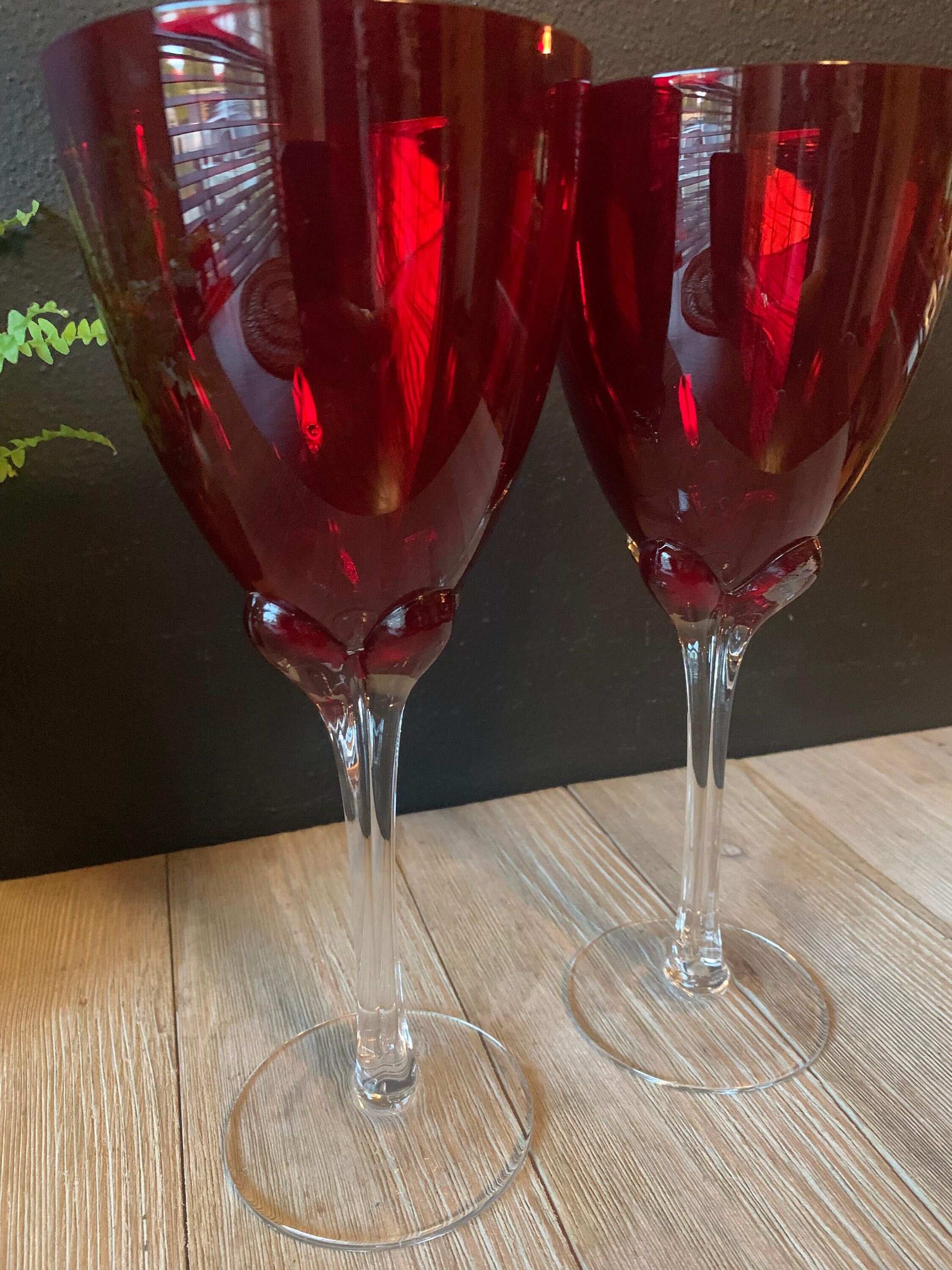 Vintage Large Ruby Red Wine Glasses With Clear Stems Set of Two ...