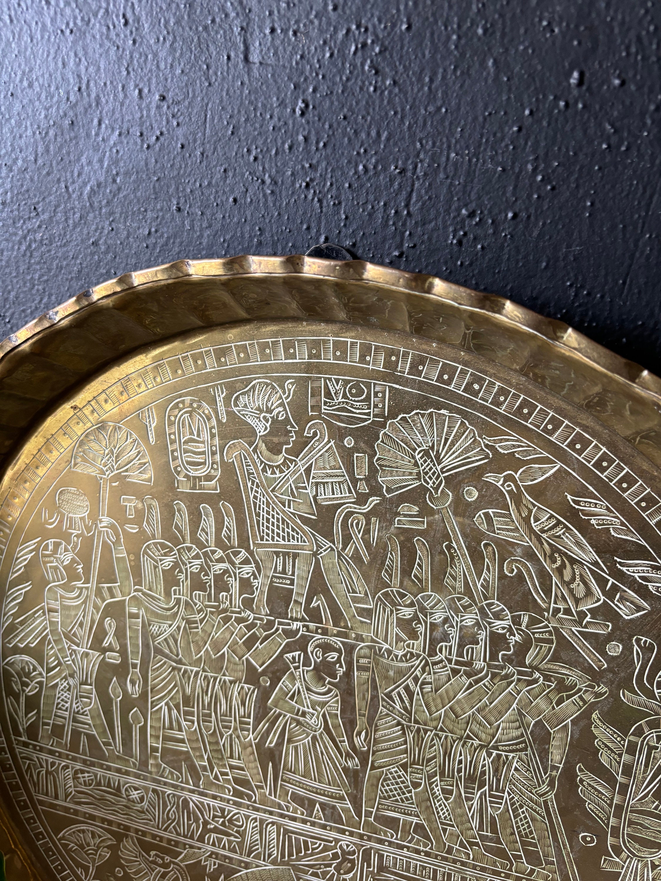 Vintage Large Round Egyptian Brass Tray, 16 Etched Brass Wall Hanging Tray, Brass Egyptian Decor ...