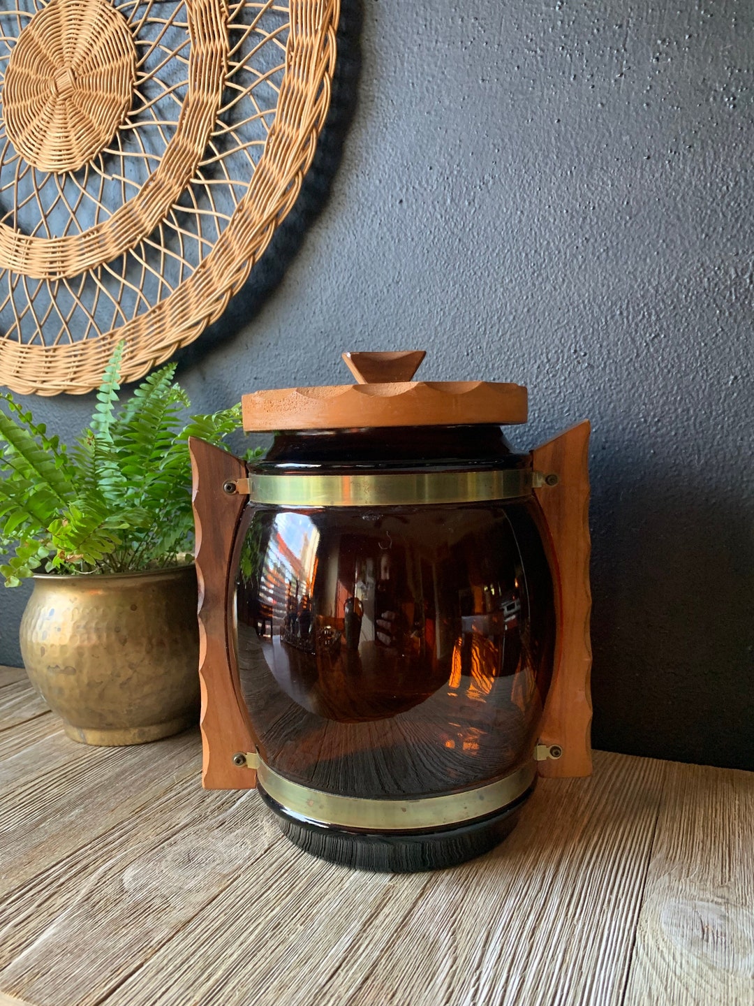Vintage Siesta Ware Cookie or Snack Jar | Wood and Amber Colored Glass ...