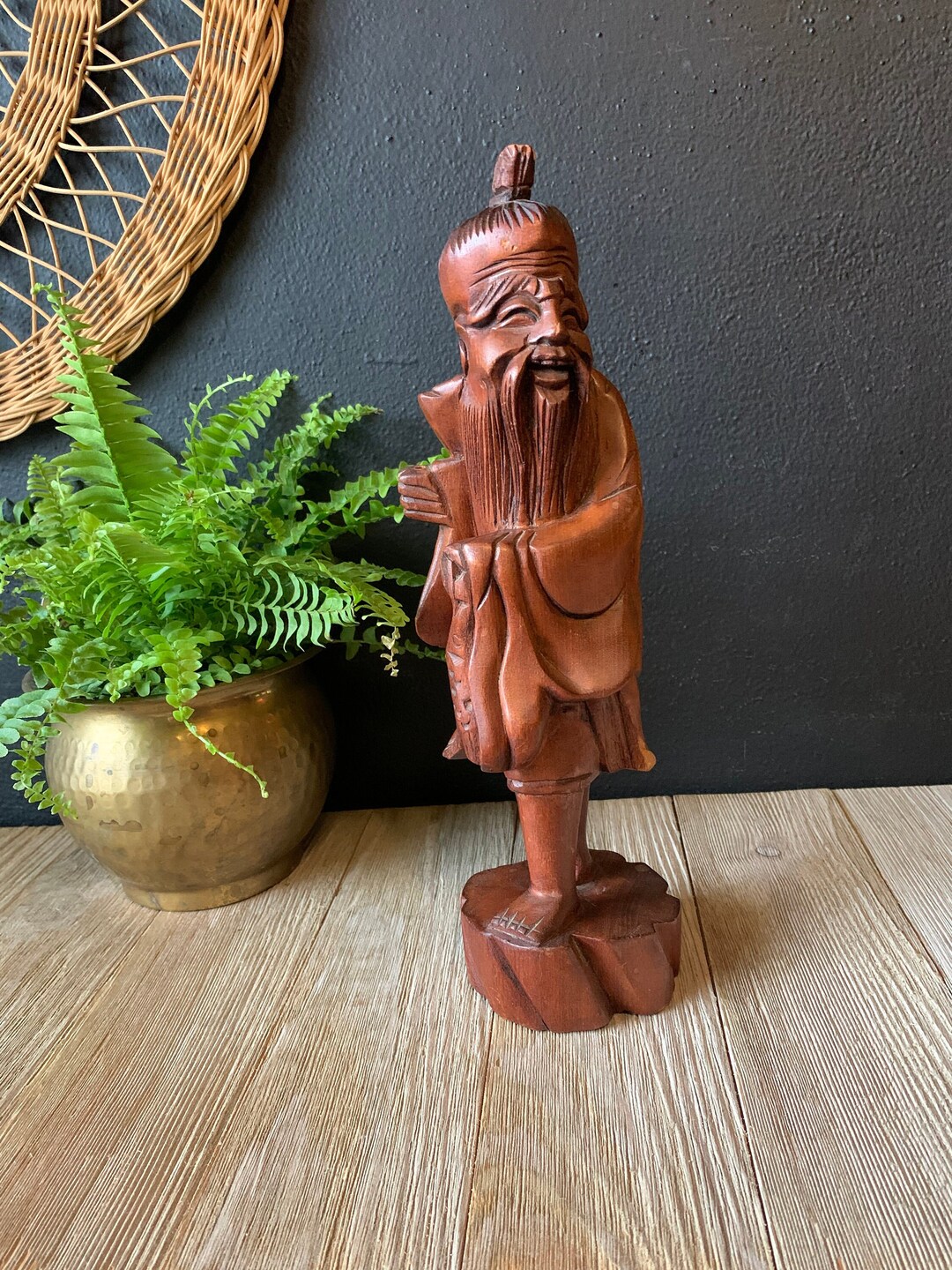 Vintage Asian Carved Wood Wise Man Figurine | Chinese Immortal Statue ...