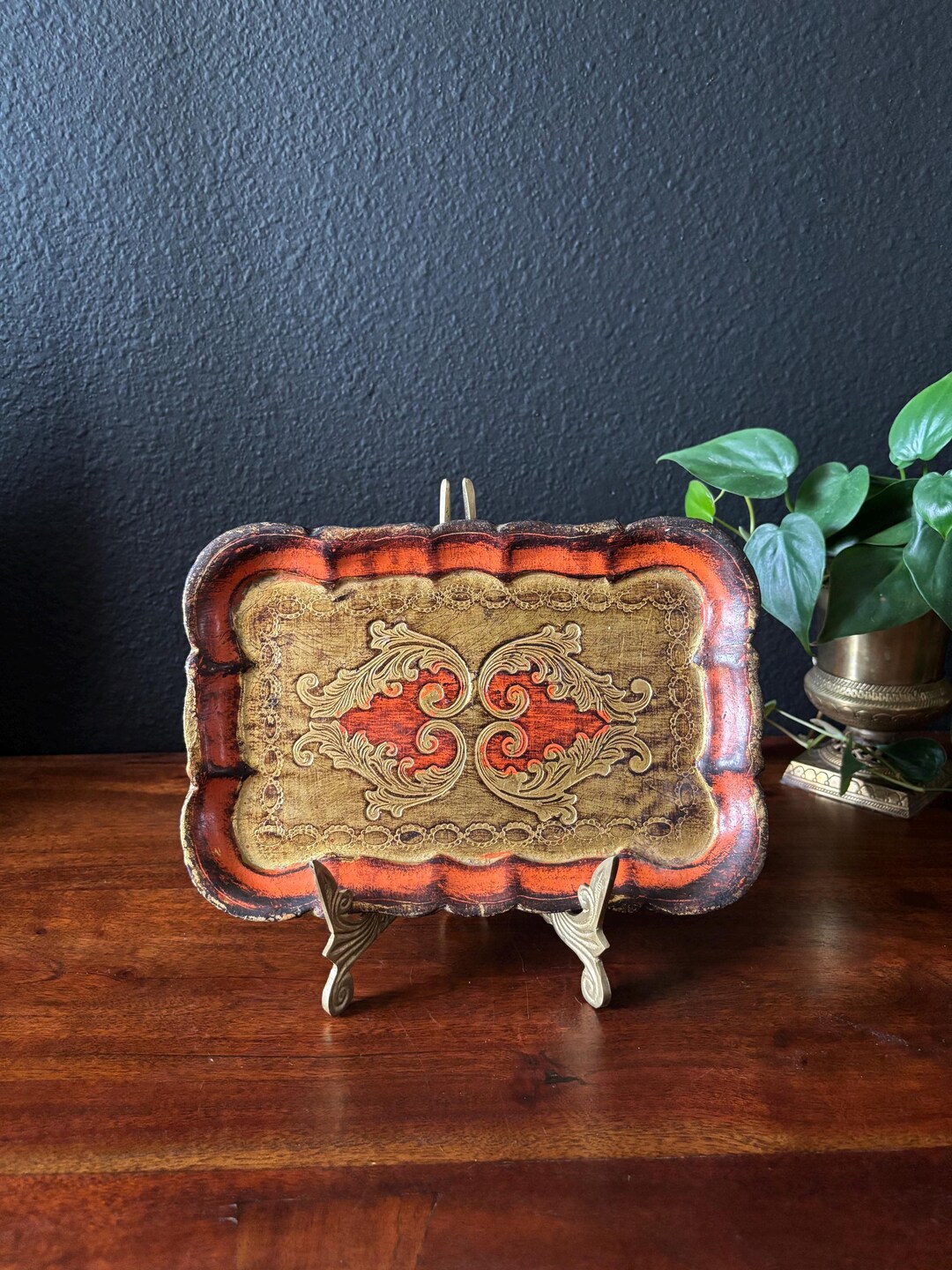 Vintage Gold & Red Ornate Rectangle Florentine Tray, Decorative Wood ...