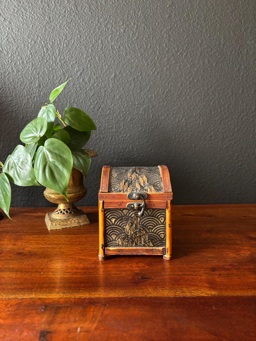 Vintage Bamboo & Metal Trinket Box With Latch, Small Wood Stash Box ...