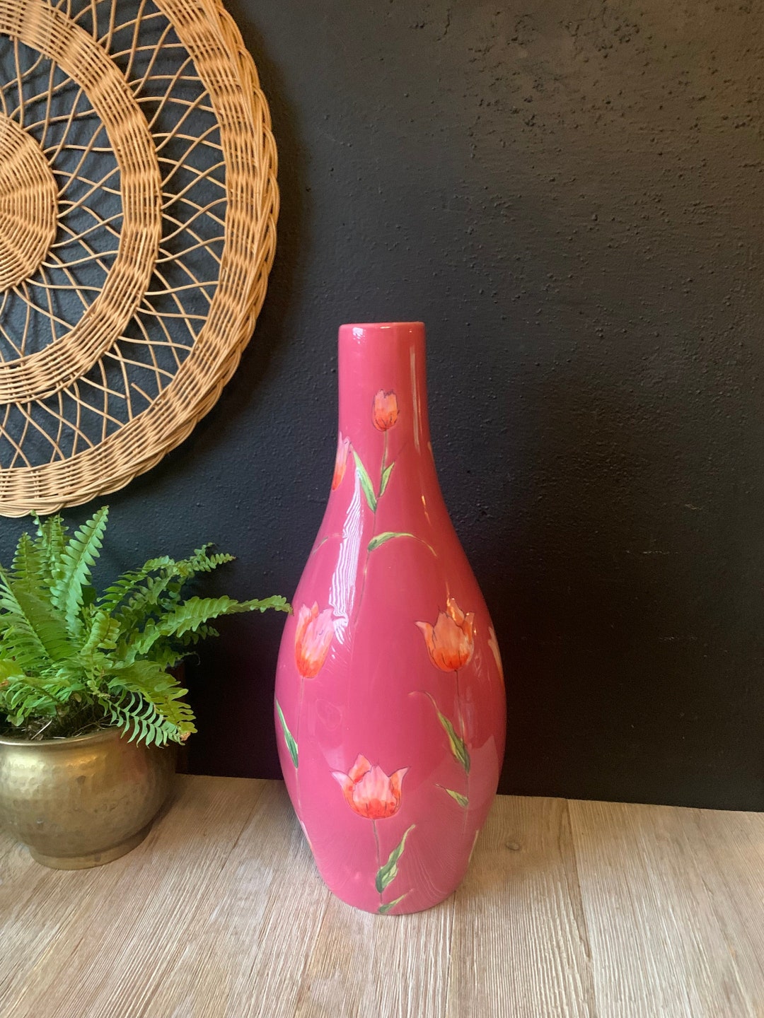 Vintage Large Pink Floral Ceramic Vase | Pink Barbie Home Decor | Tall ...