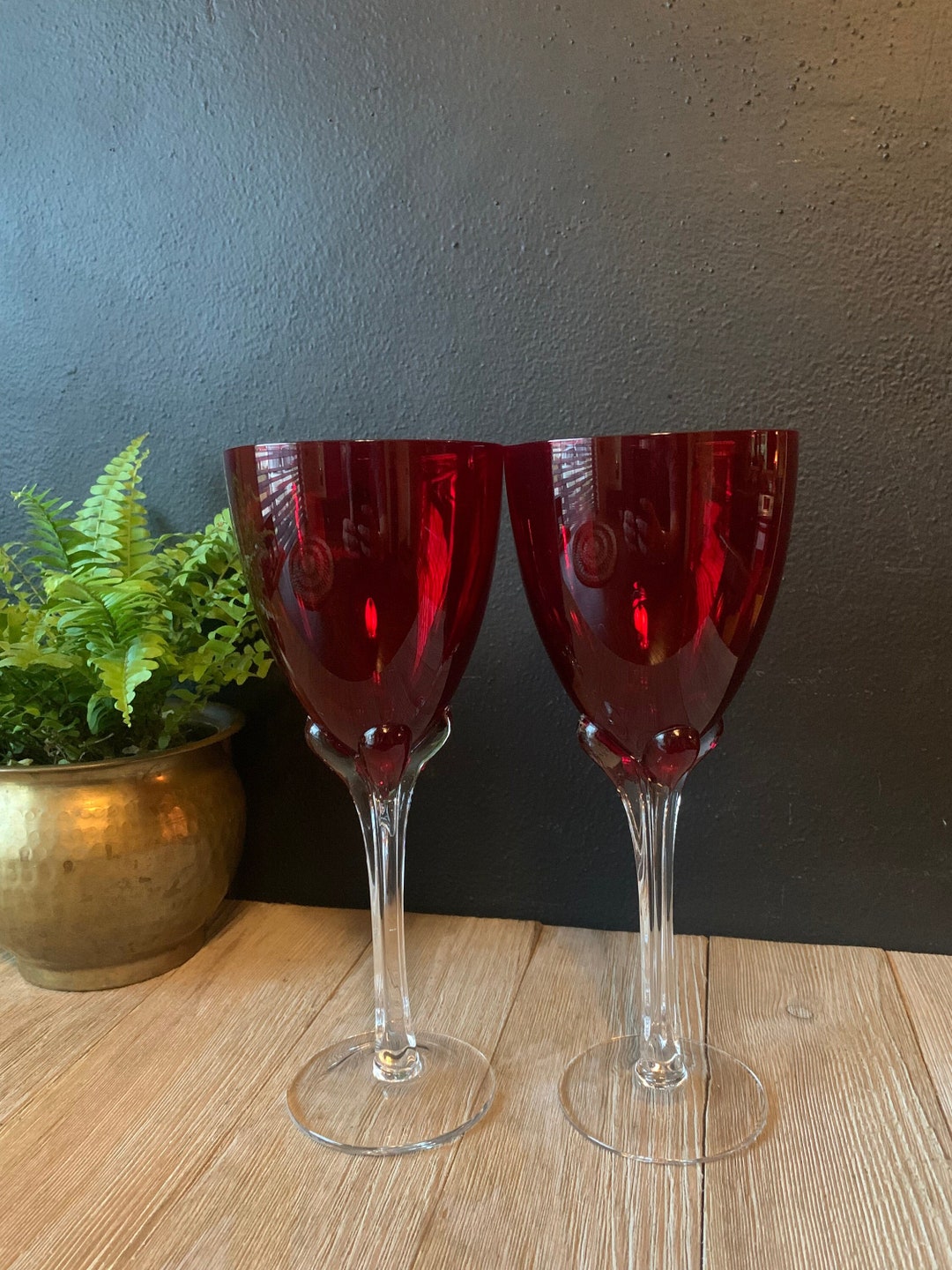 Vintage Large Ruby Red Wine Glasses With Clear Stems | Set of Two ...