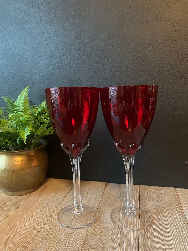 Vintage Large Ruby Red Wine Glasses With Clear Stems Set of Two ...