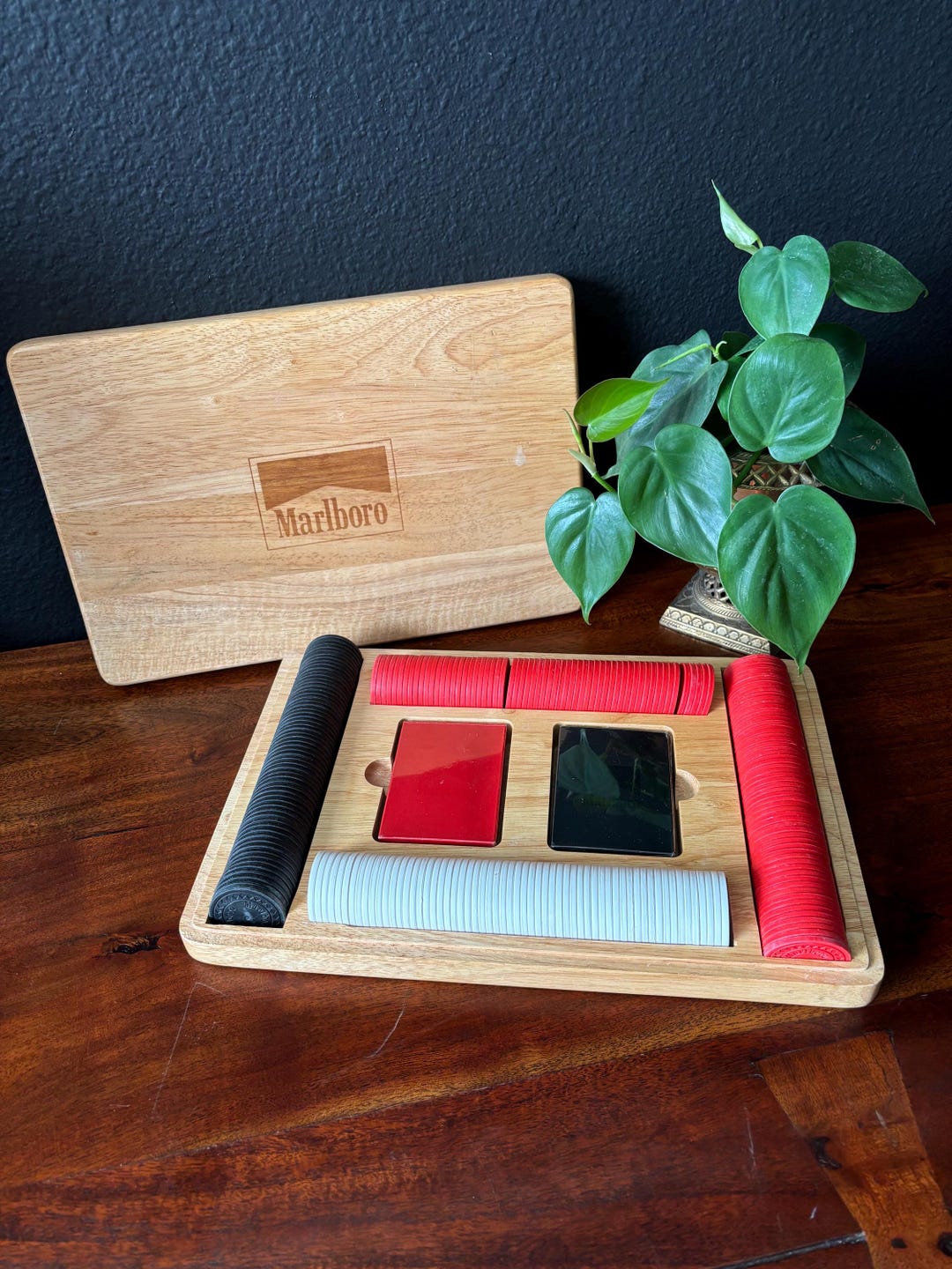 Vintage Marlboro Poker Set, Wood Box With Chips and Cards, Collector ...