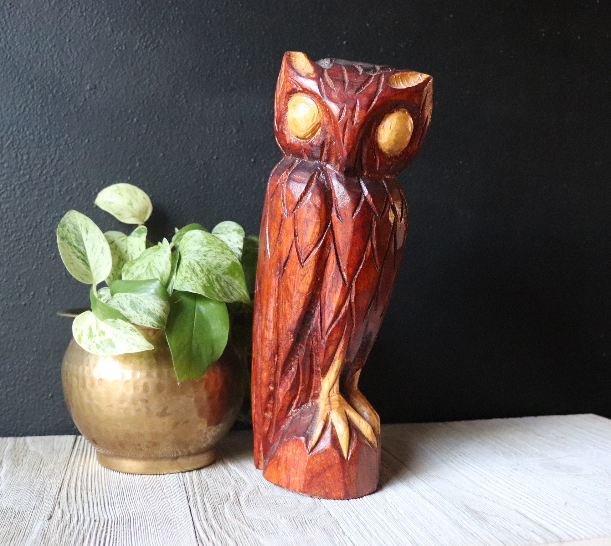 Vintage Hand Carved Solid Wood Owl Statue Owl Decor Wood Bird Folk Art ...
