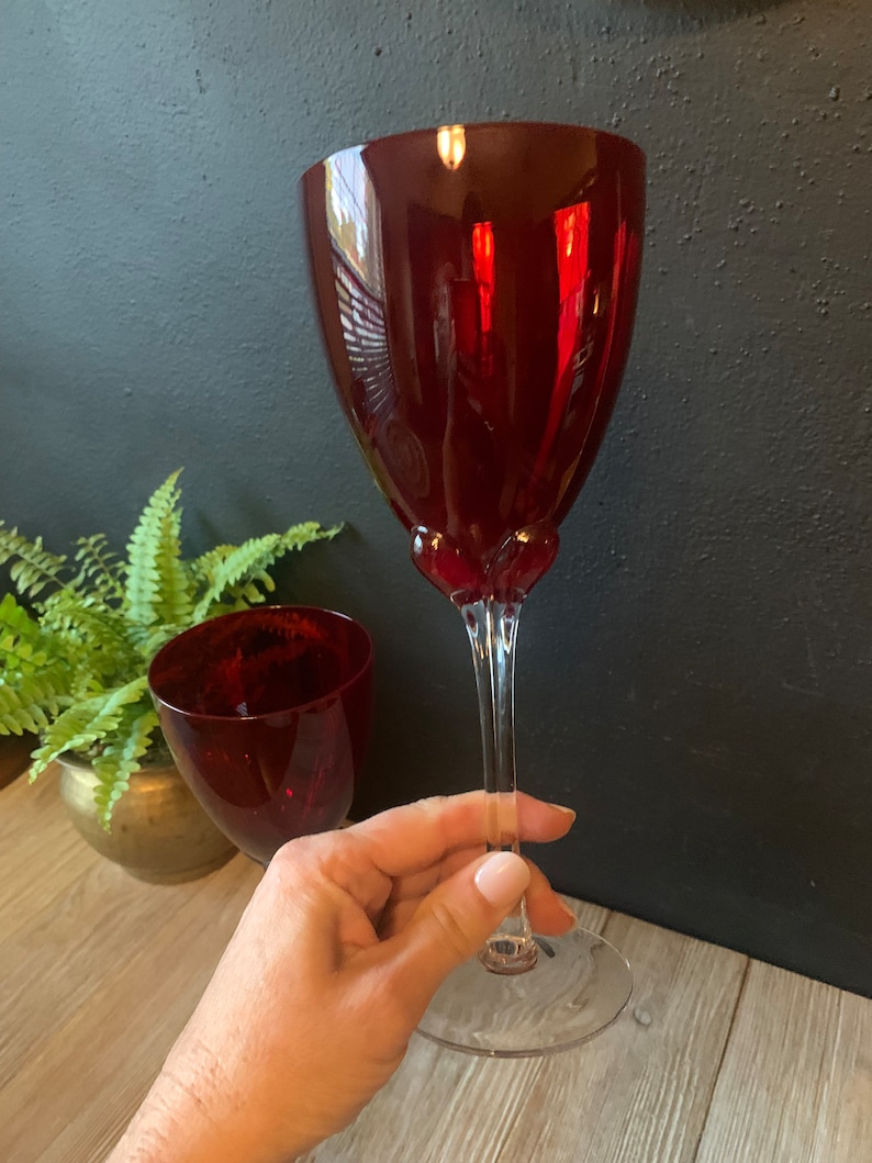 Vintage Large Ruby Red Wine Glasses With Clear Stems Set of Two ...