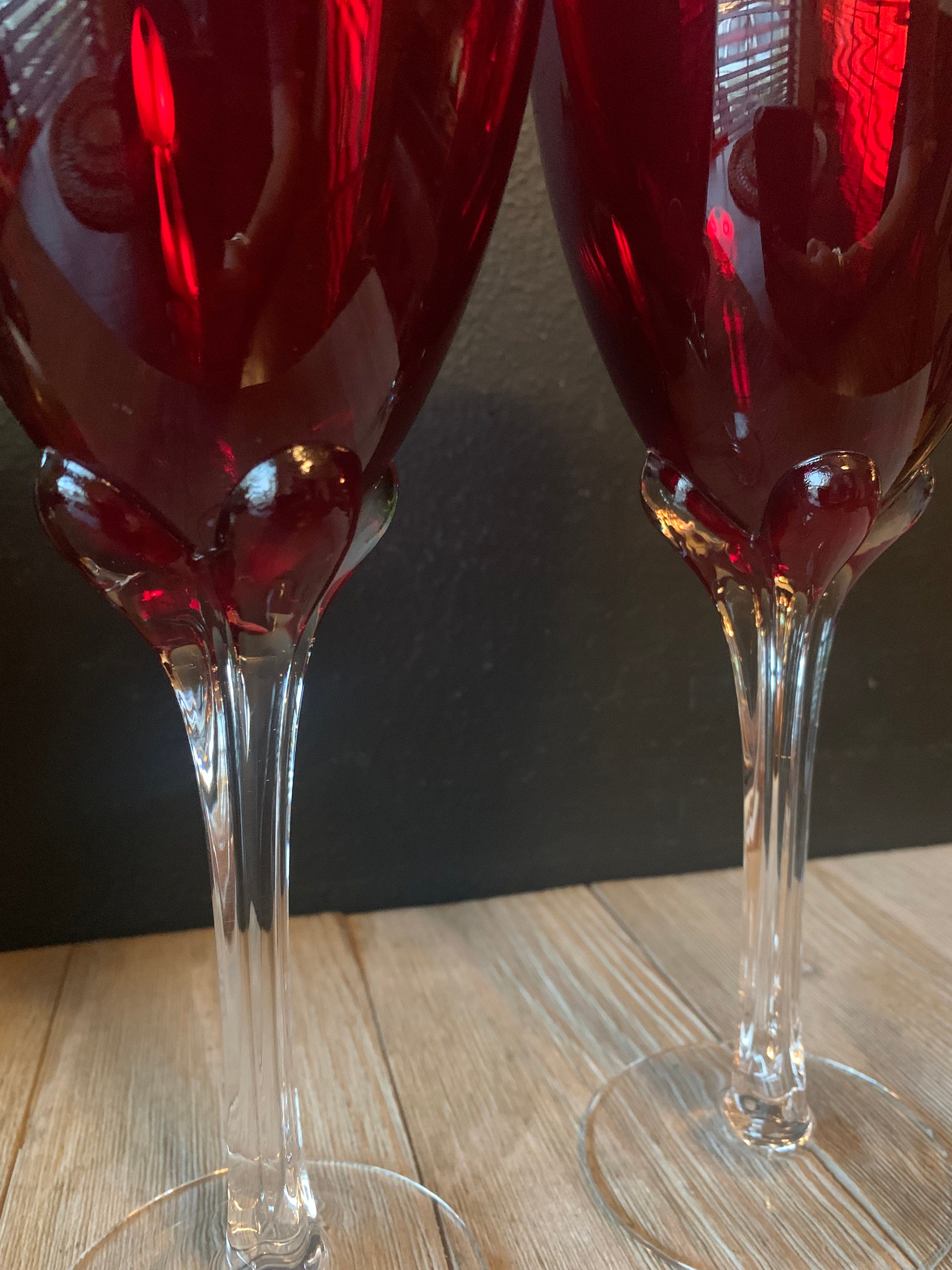 Vintage Large Ruby Red Wine Glasses With Clear Stems Set of Two ...