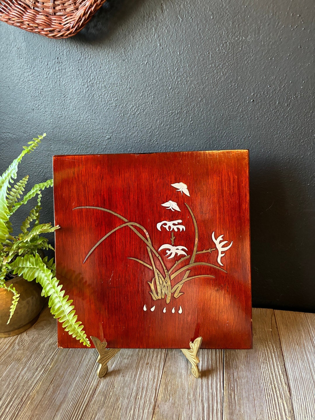 Vintage Korean Floral Brass Inlay Lacquered Wood Wall Plaque, Asian ...