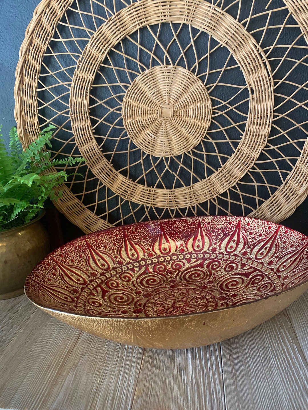 Vintage Red and Gold Moroccan Style Glass Bowl Oval Shaped Fruit Bowl ...
