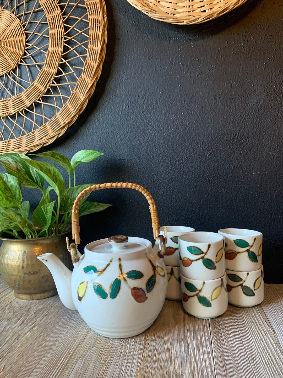 Vintage Stoneware Tea Set | 7 Piece | Ceramic Floral Teapot and Cups | Japanese Otagari Style ...