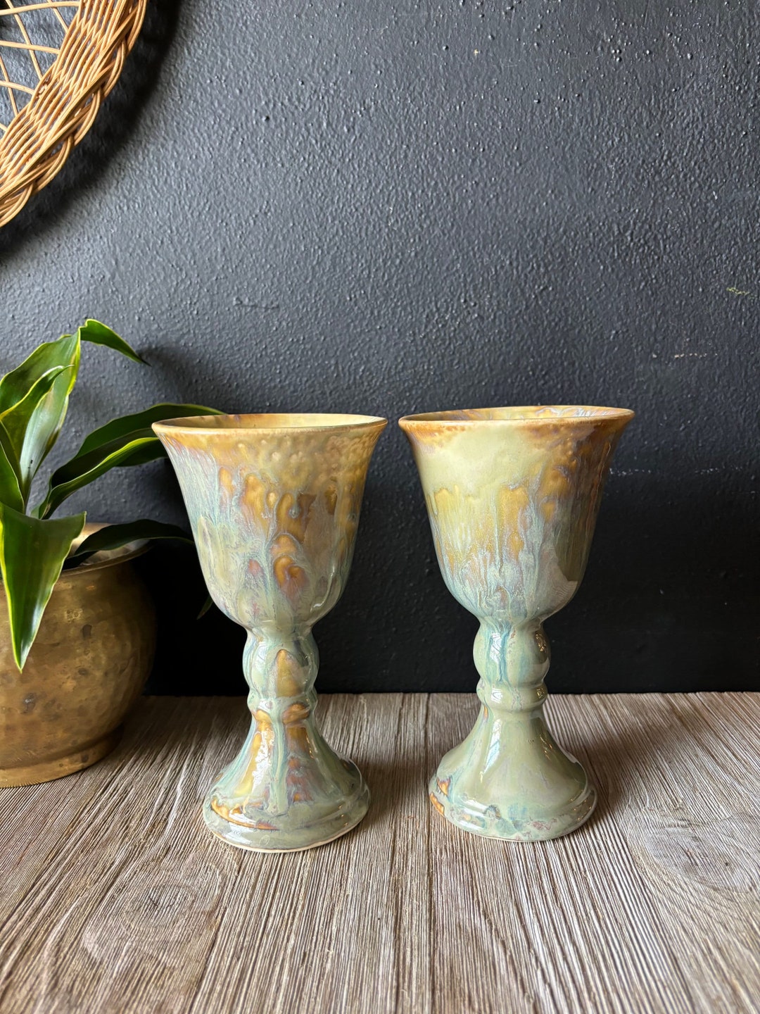 Vintage Ceramic Drip Glaze Water Goblets, Studio Pottery Wine Glasses ...