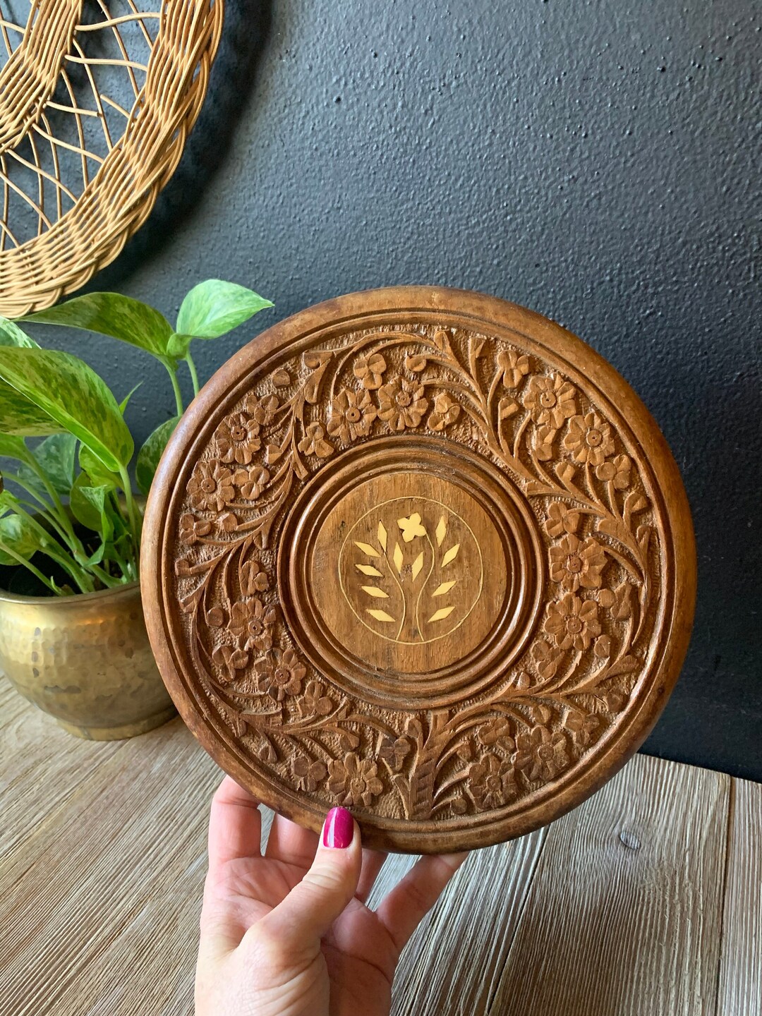 Vintage Hand Carved Wood Trivet Round Wood Carved Folk Art Wall Art ...