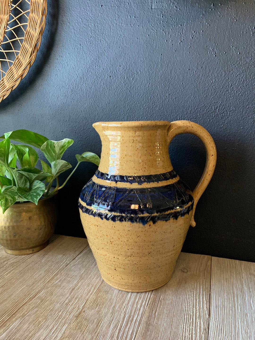 Vintage Handmade Stoneware Pitcher With Handle | Hand Painted Ceramics ...