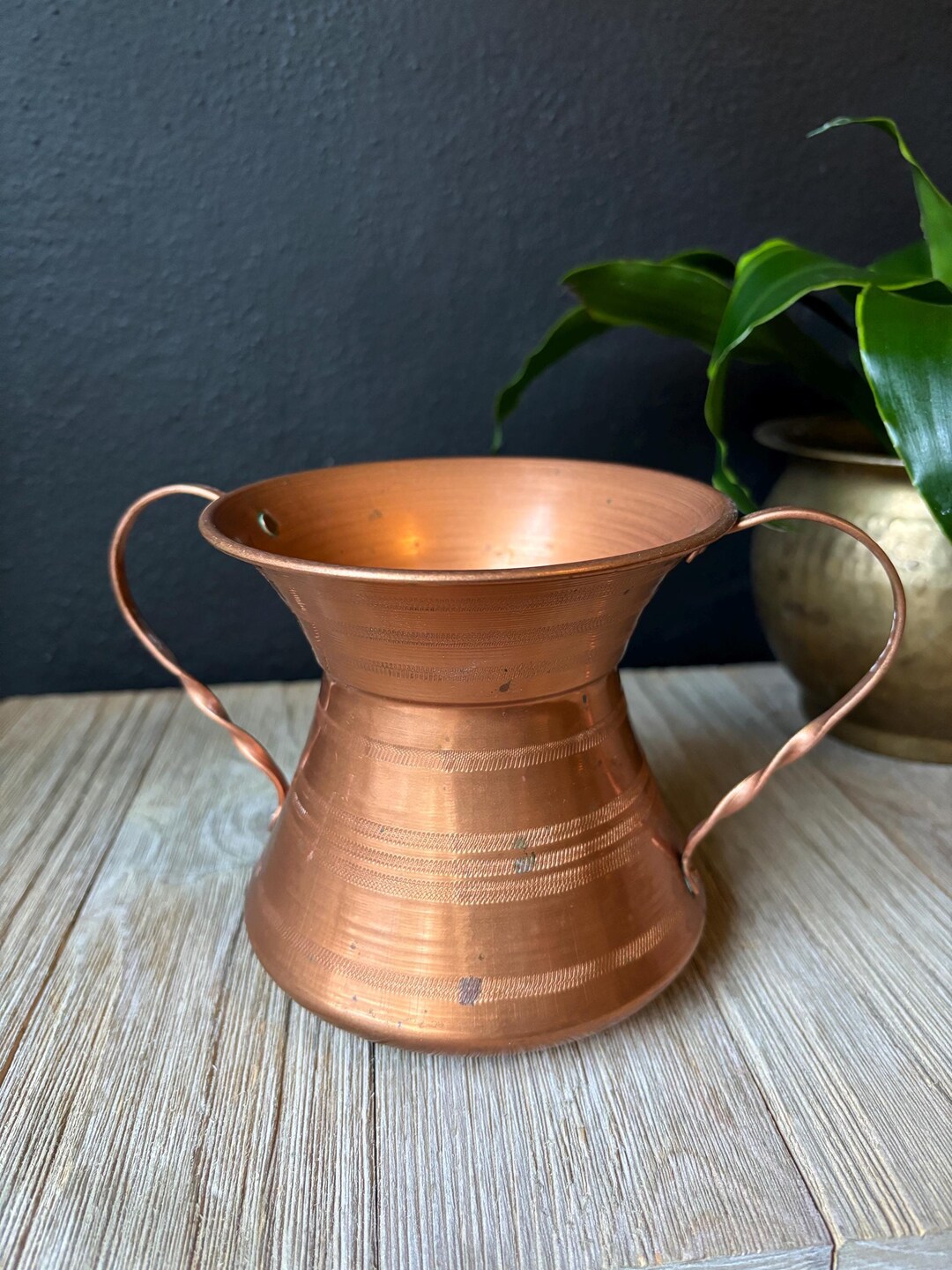 Vintage Copper Water Jug, Spittoon, Vase With Handles, Etched Copper ...