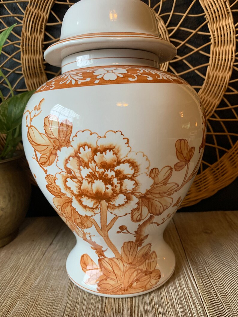 Vintage Ceramic Large Asian Ginger Jar Rust and White Colored Floral ...