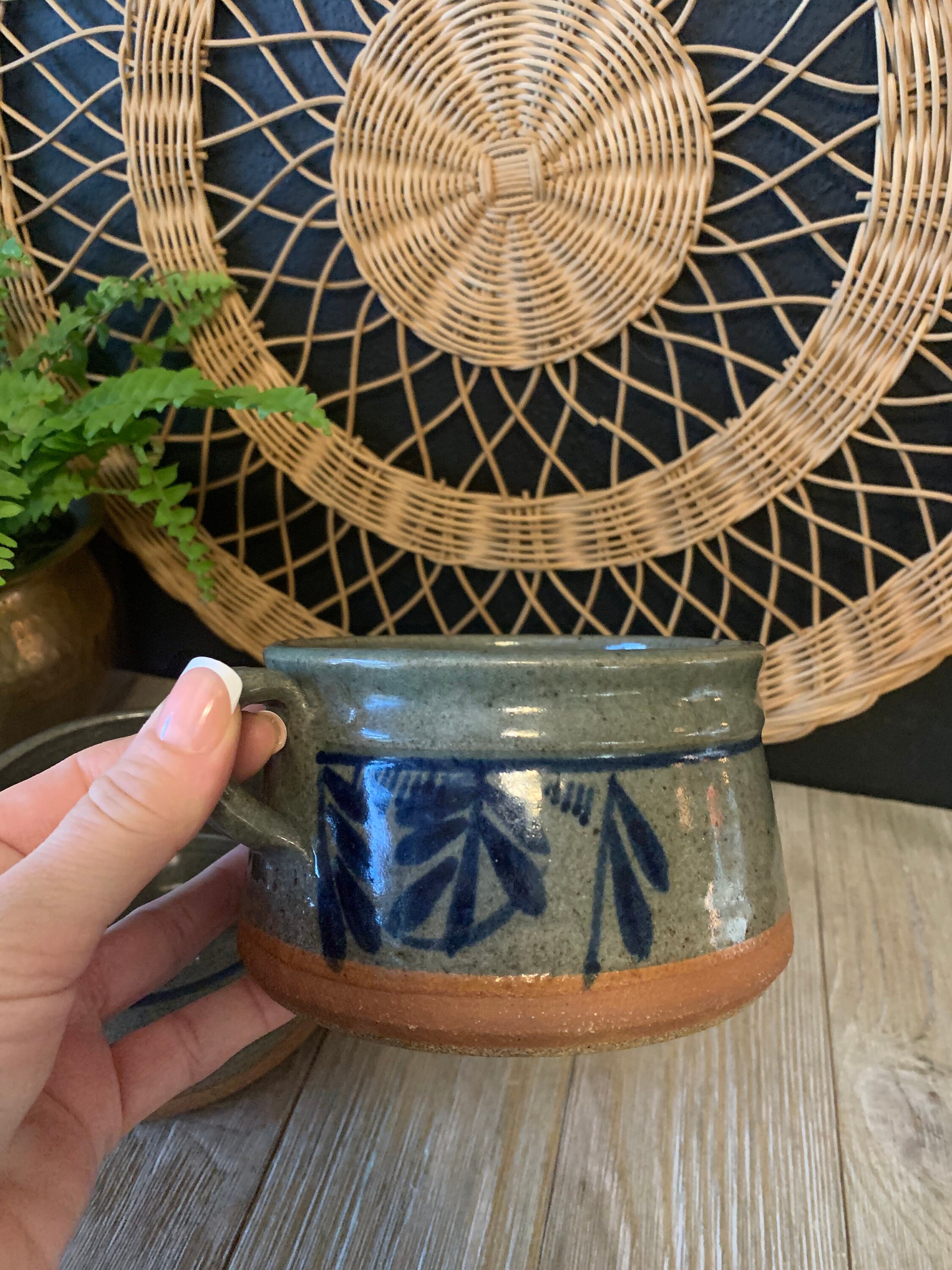 Vintage Blue Stoneware Mugs Set of Two 2 Floral Detail - Etsy