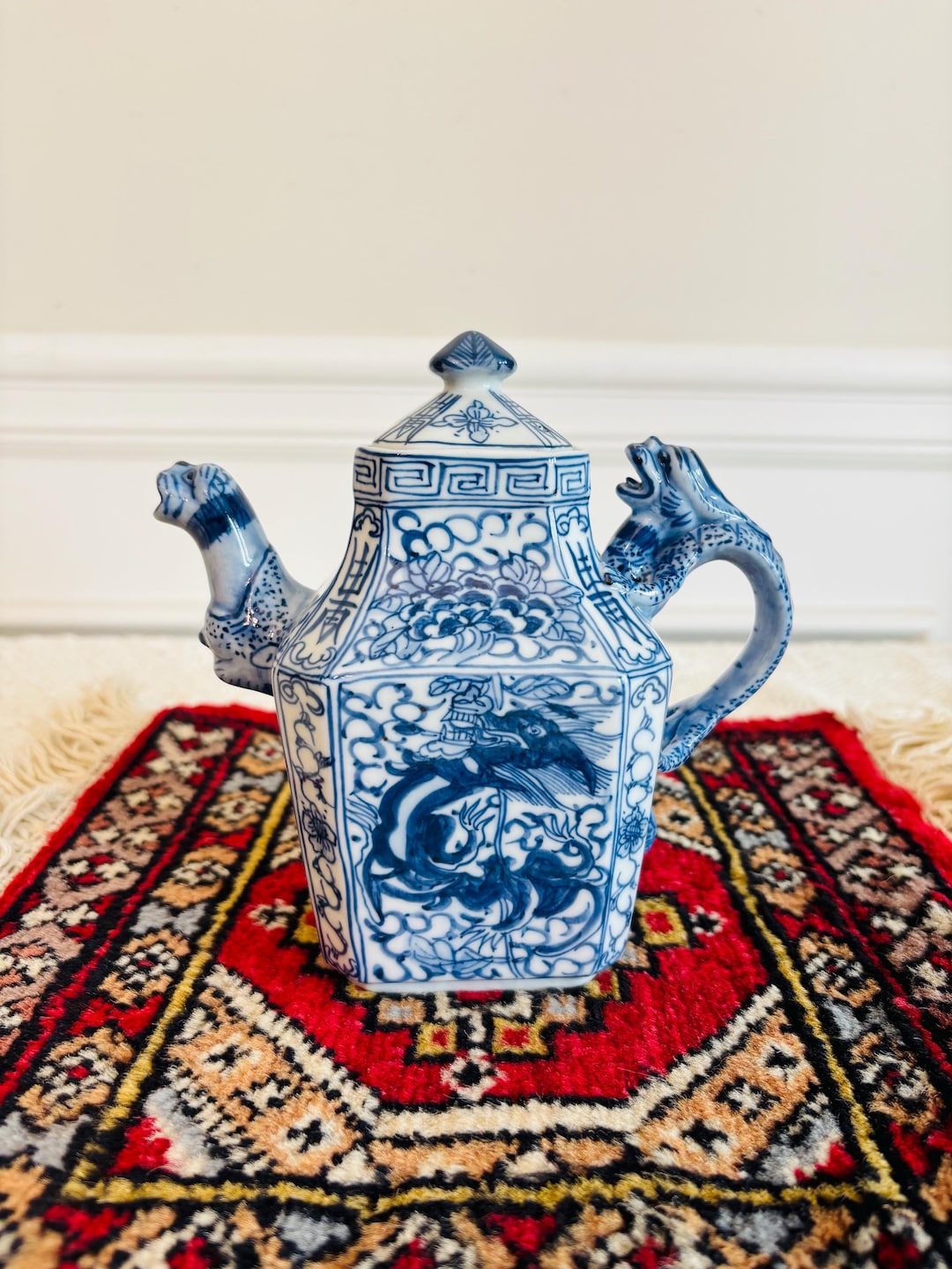 Vintage Chinese Qianlong Nian Zhi Porcelain Teapot Dragon Blue and ...