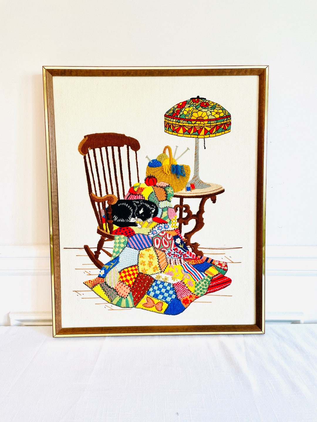 Vintage Framed Crewel Cat on Rocking Chair With Granny Quilt, Vintage ...
