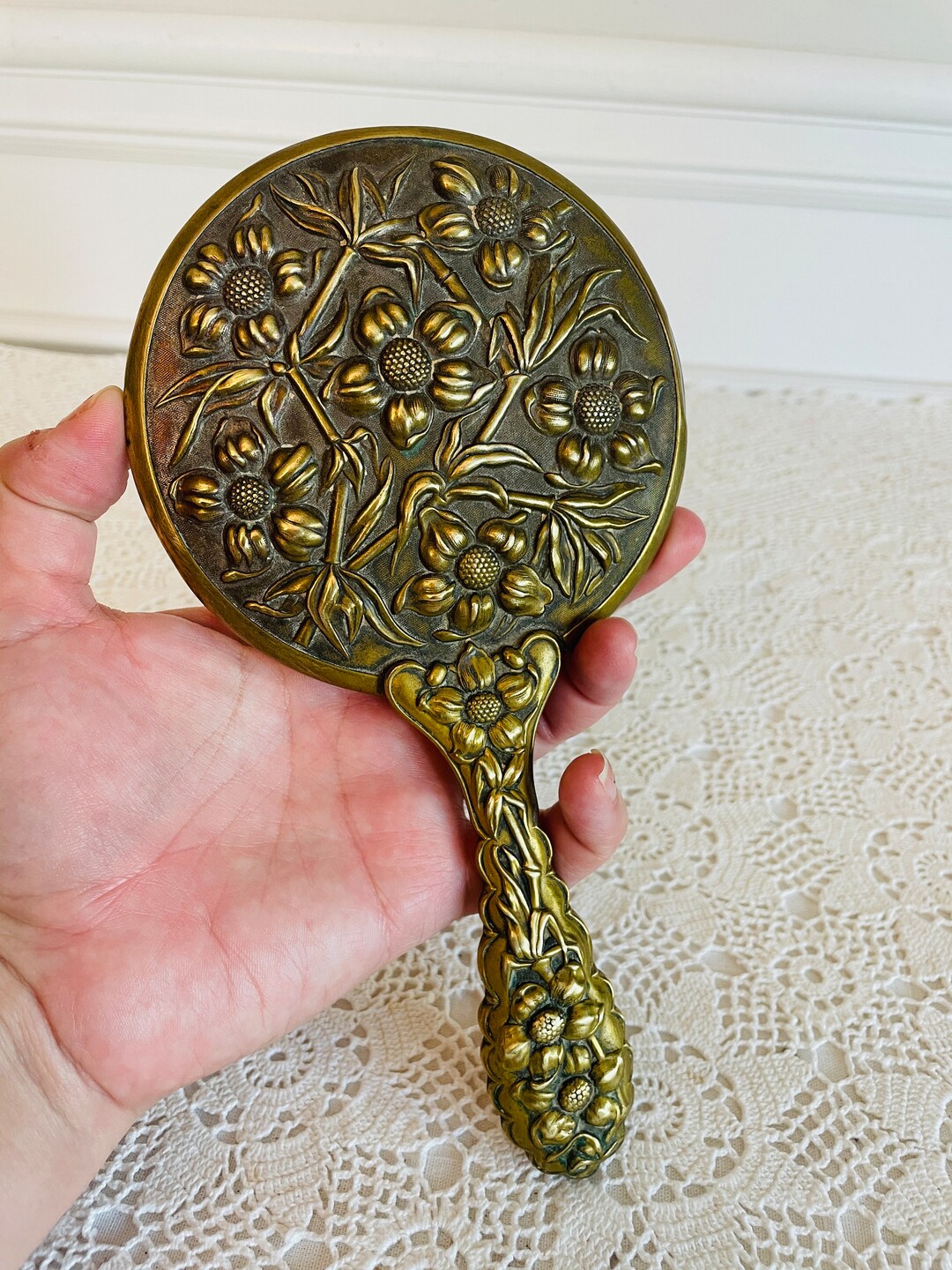 Victorian Era Brass Floral Handheld Mirror - Etsy