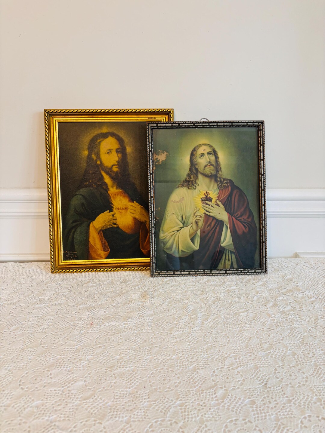 Set of Two Sacred Heart Jesus Vintage Prints in Frame - Etsy